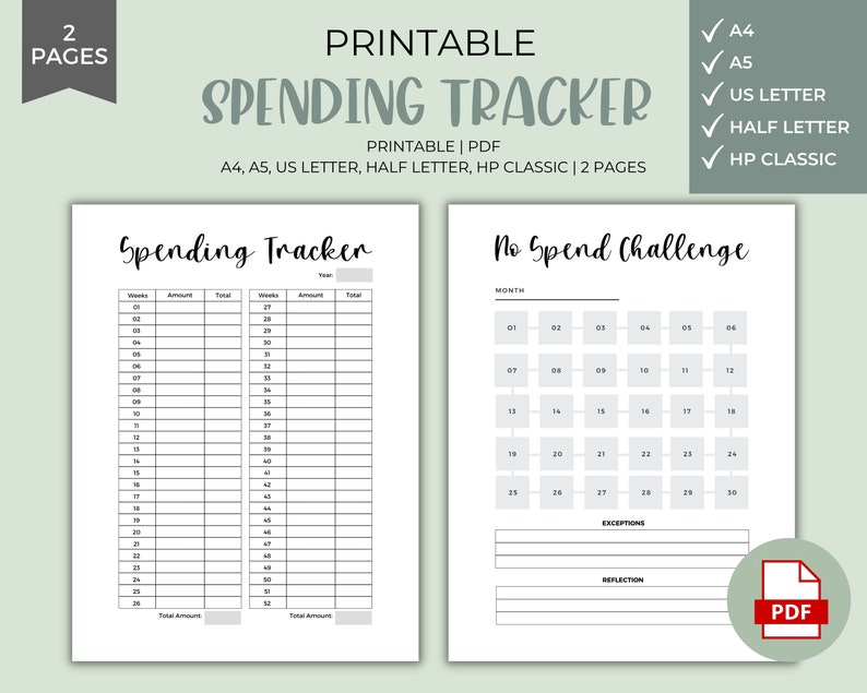Spending Tracker Printable Instant Download, No Spend Challenge ...