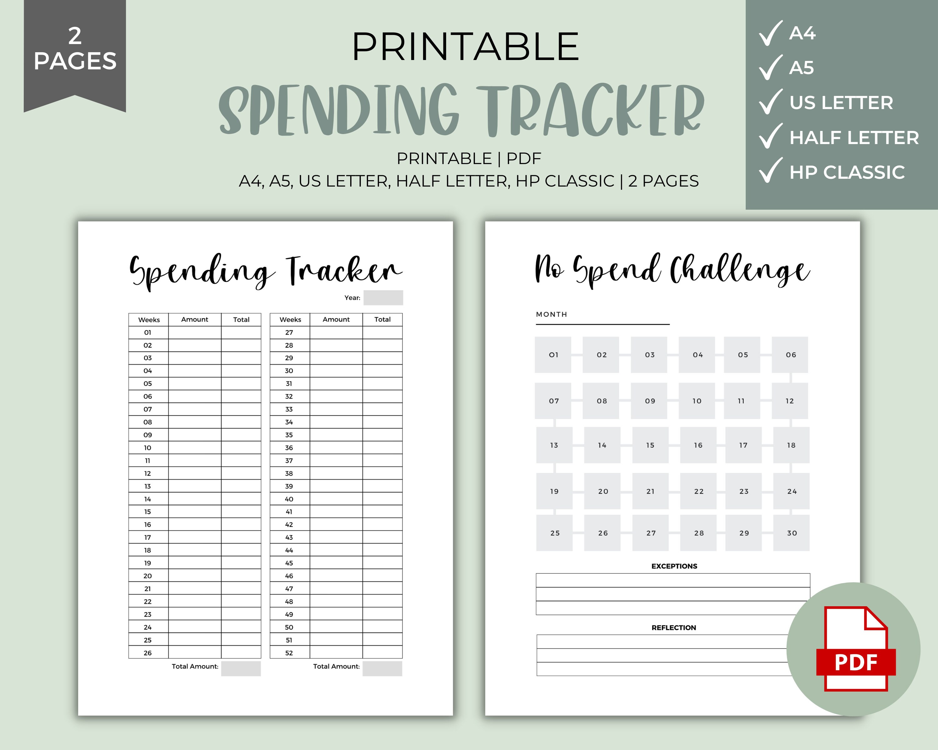 Spending Tracker Printable Instant Download, No Spend Challenge ...