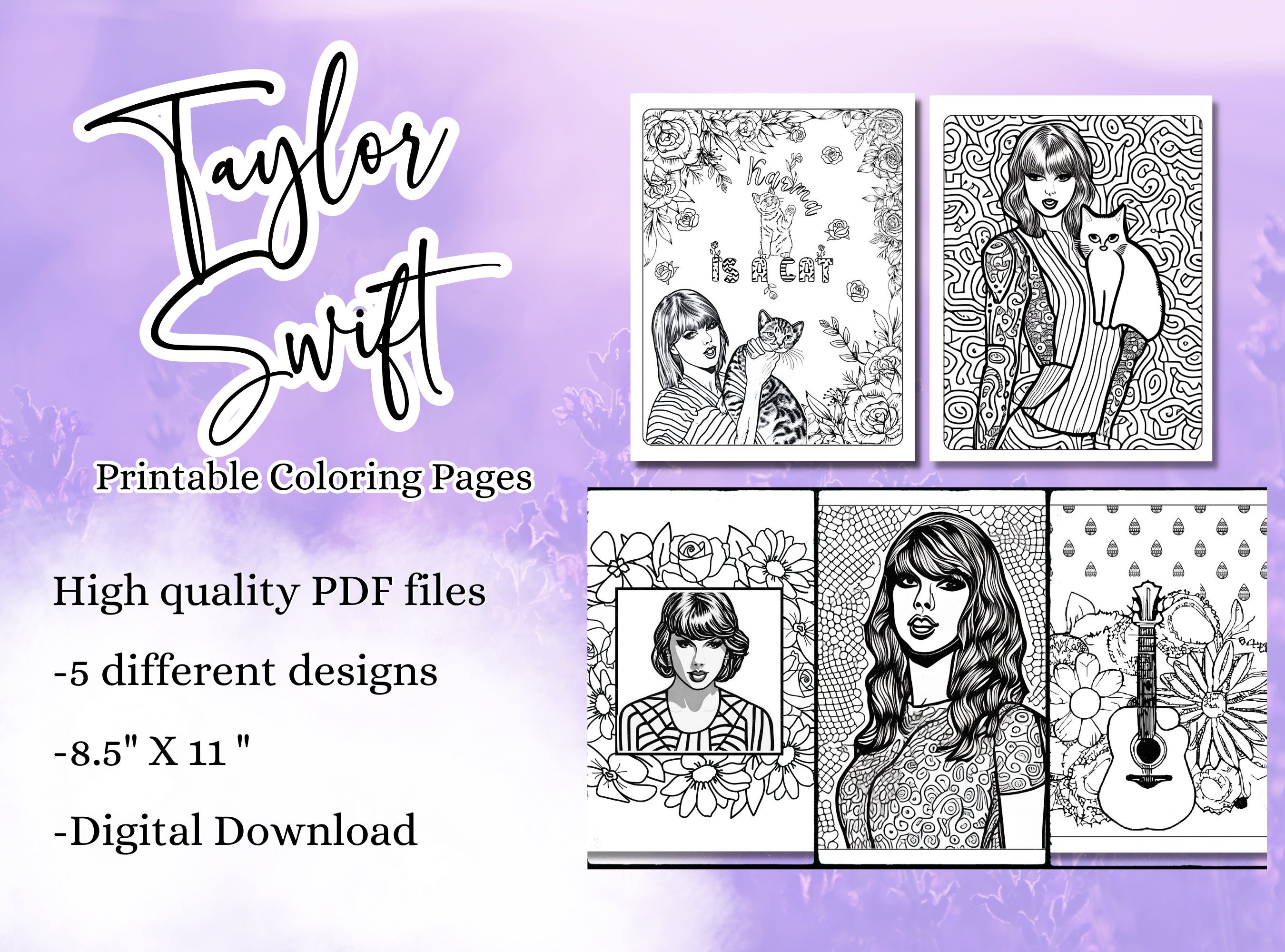 Taylor Swift Inspired Coloring Pages - 5 Pack Digital Download ...