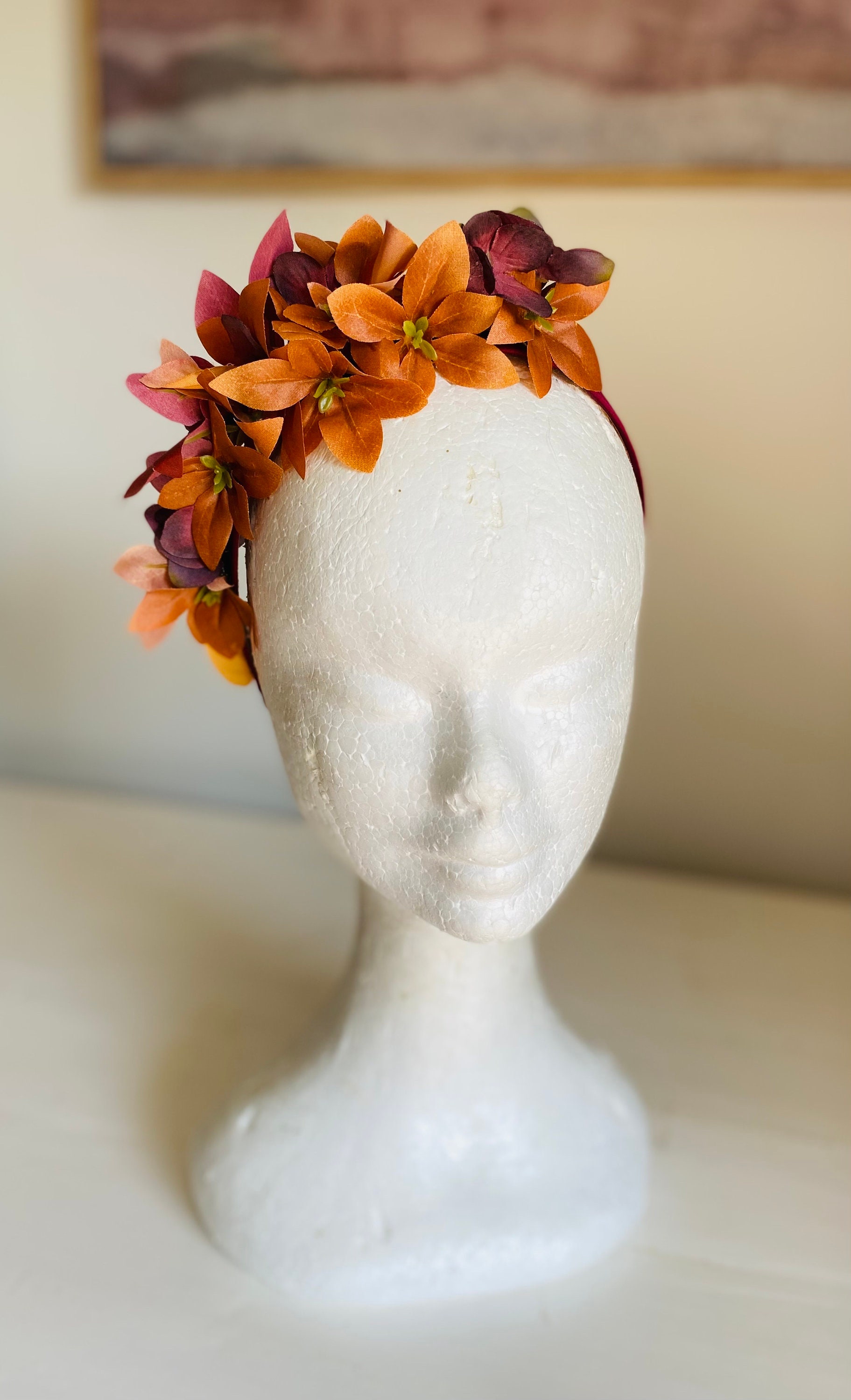 Burnt Orange, Sage and Maroon Floral Headband, Wildflower Fascinator ...