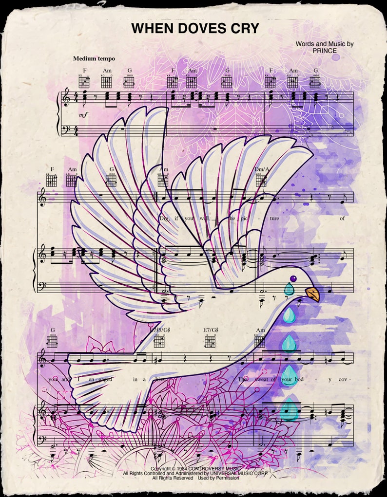 When Doves Cry Art Print Framed Wall Art Sheet Music Art Prince Artwork ...
