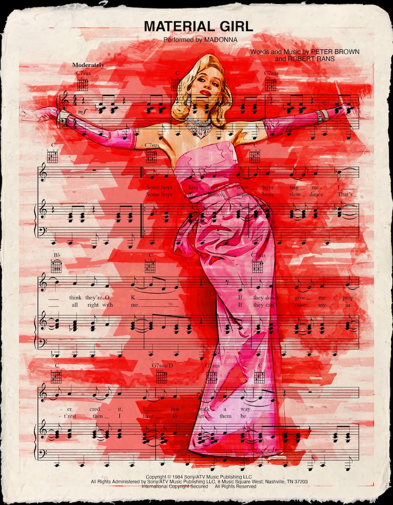 Material Girl Art Print Framed Wall Art Sheet Music Art Madonna Artwork ...
