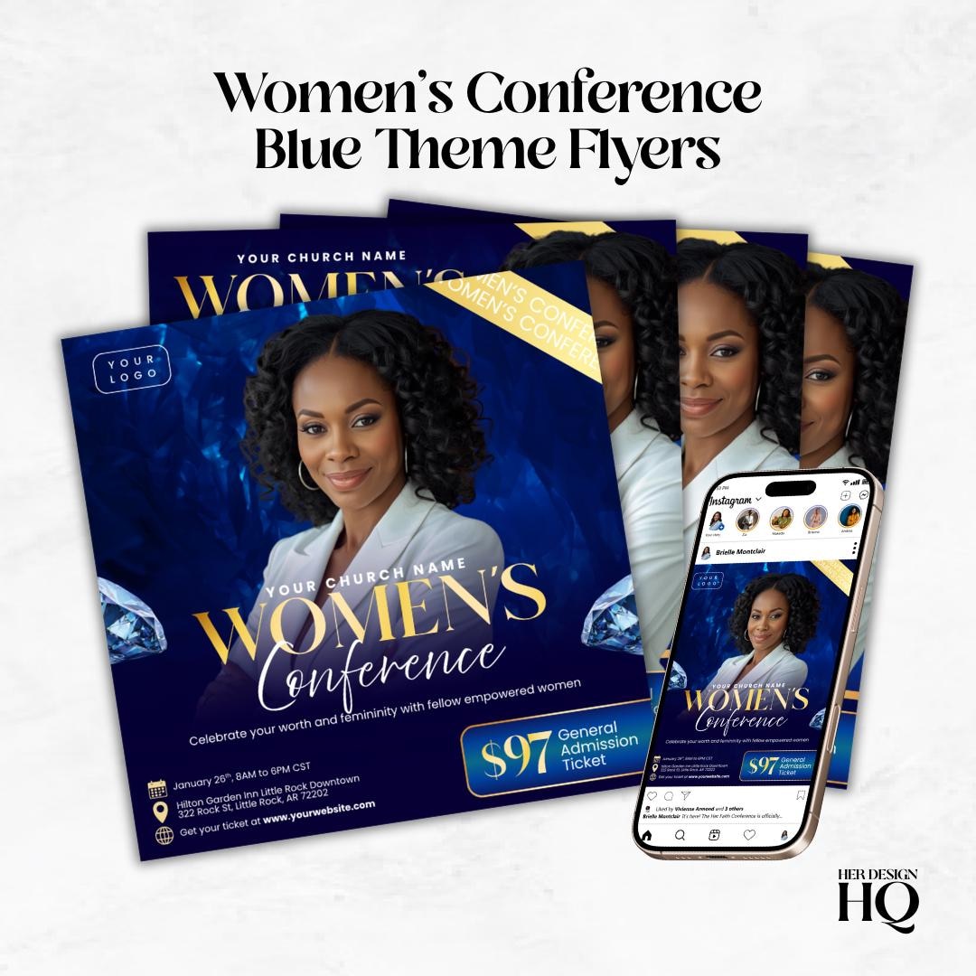 Women’s Conference Flyer Bundle | Blue and Gold Canva Templates | 4-in ...