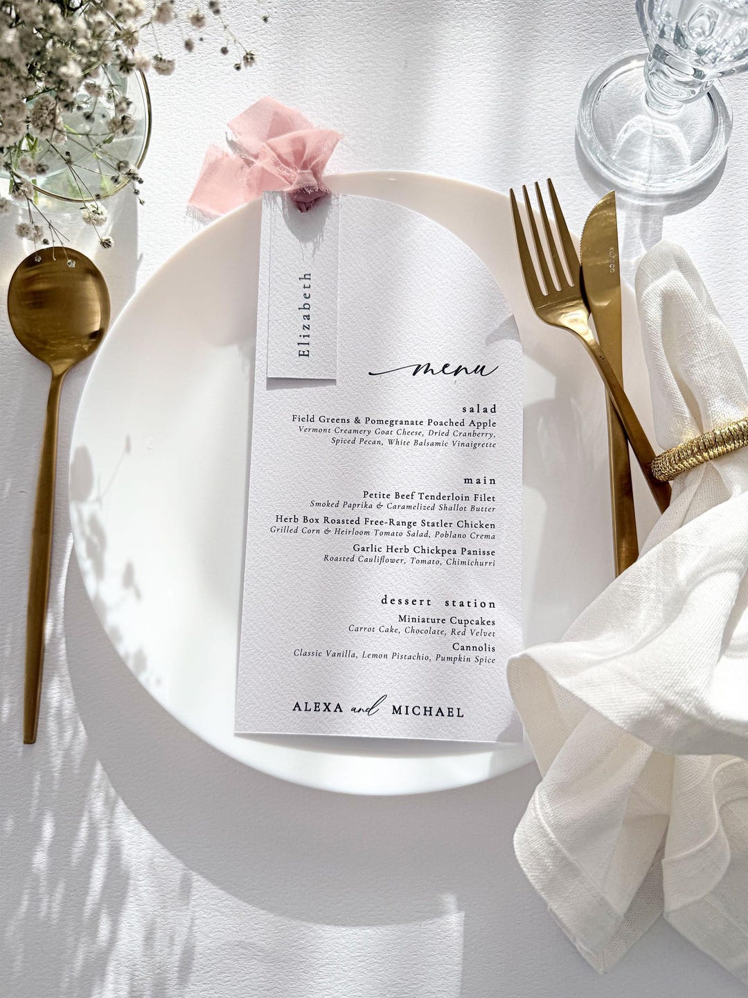 Blush Chiffon Bow Wedding Menu Card, Personalized Guest Name Tag, 400 ...