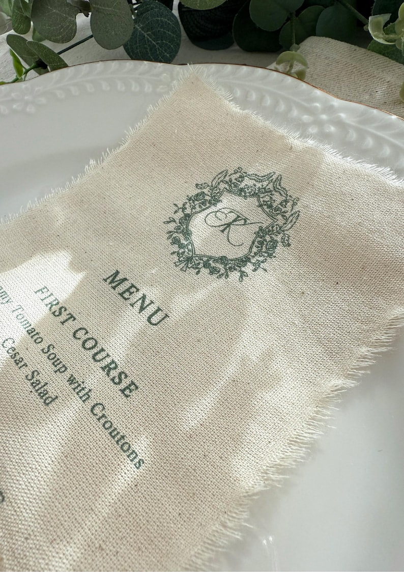 Printed Cotton Wedding Menus: Green Ink, Raw Edge Fabric - Etsy