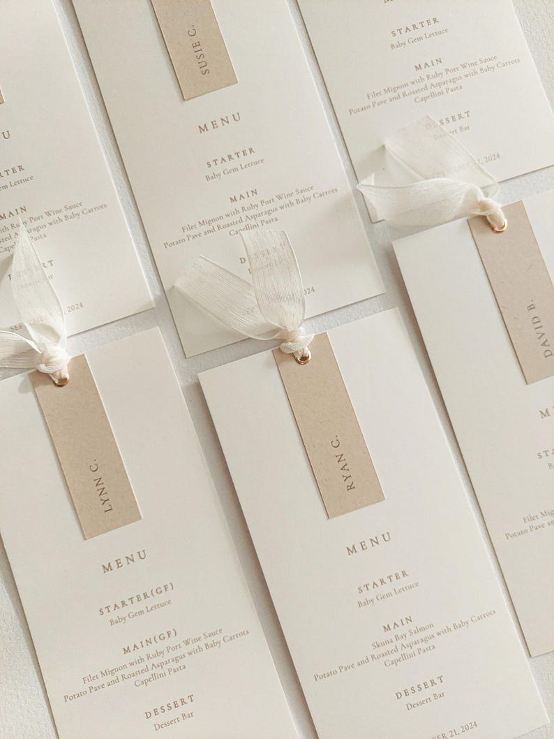 Linen Ribbon Wedding Menu Card, Personalized Dinner Menu, Neutral ...