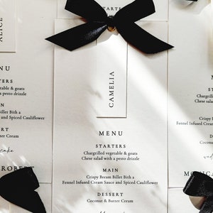 Bow Wedding Menu and Place Card Set | Elegant Black Ribbon Wedding Menu ...
