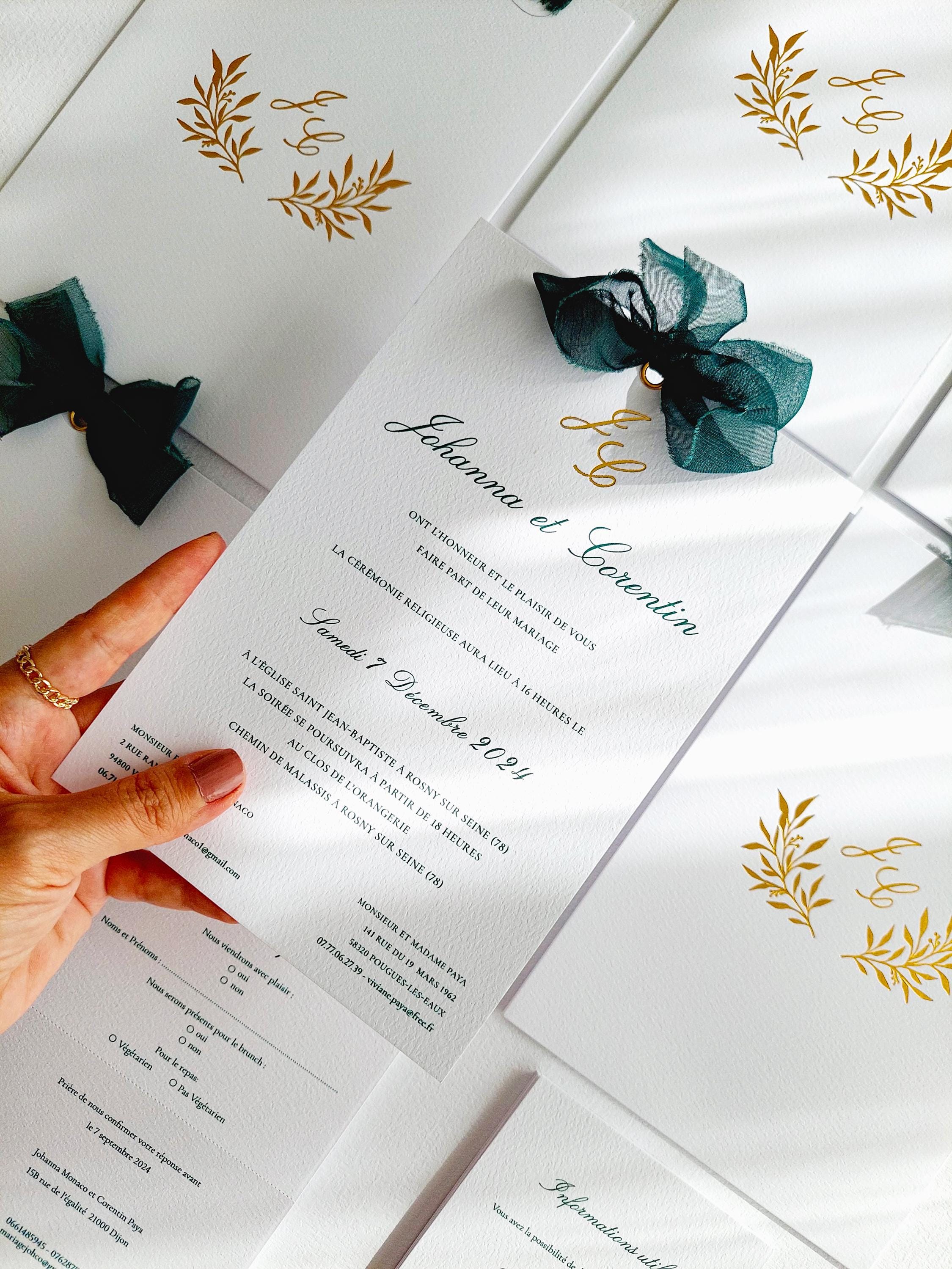 Luxury Wedding Invitations: Ivory Paper, Golden Print, Green Ribbon - Etsy