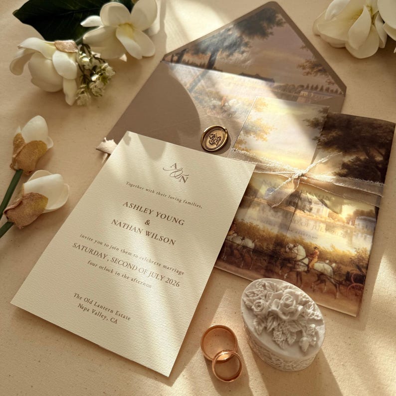 Luxury Wedding Invitation Suite With Vellum Wrap, Chiffon Ribbon & Wax ...