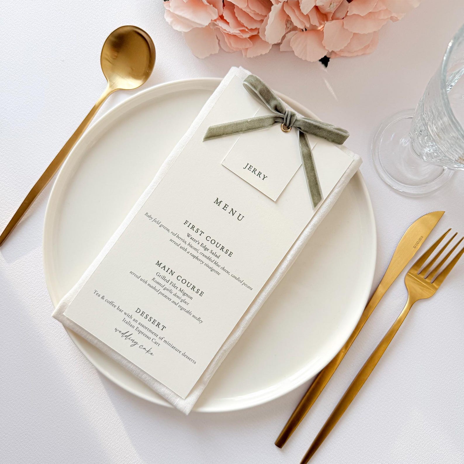 Elegant Sage Velvet Ribbon Menu & Place Card Set, Custom Wedding Menu ...