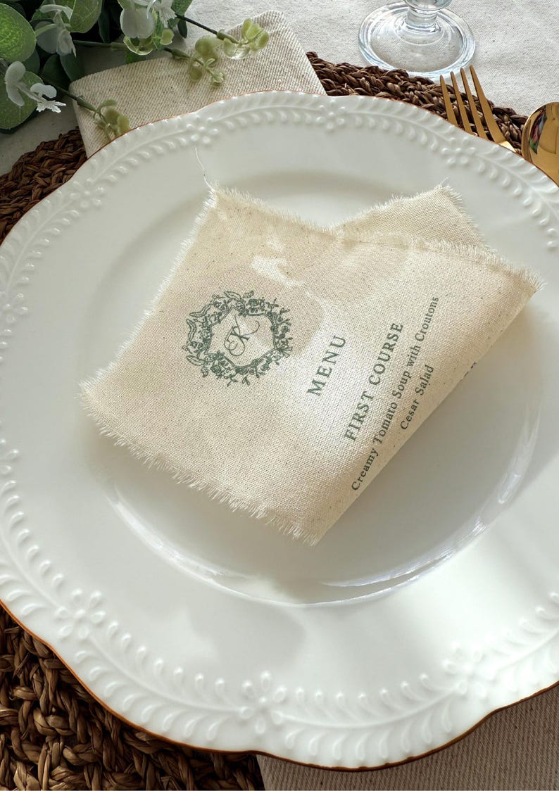 Printed Cotton Wedding Menus: Green Ink, Raw Edge Fabric - Etsy