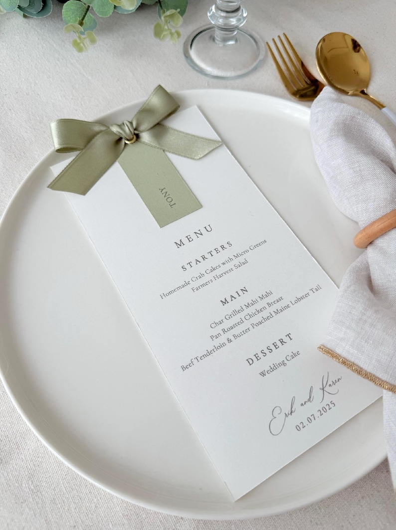 Sage Green Ribbon Wedding Menu, Personalized Dinner Menu Card, Garden ...