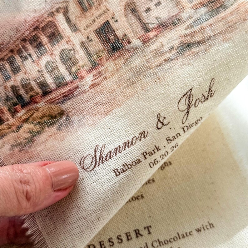 Linen Wedding Menu Card With Venue Illustration, Fabric Wedding Menu ...