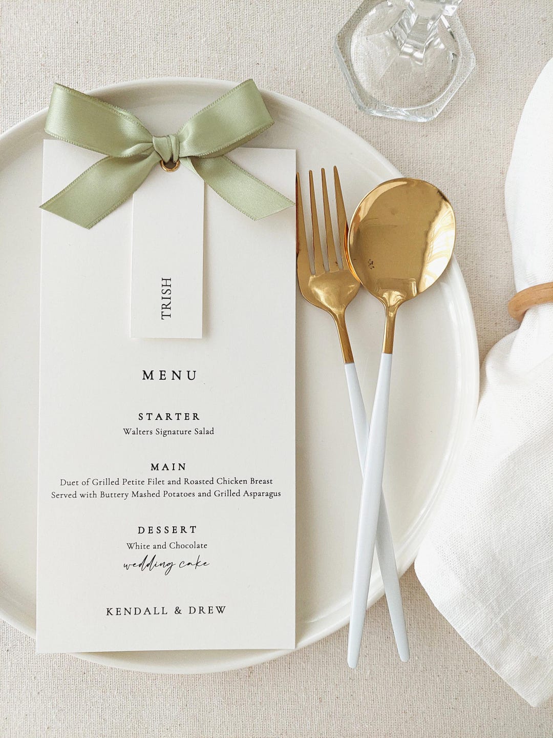 Sage Green Colored Menu, Menu With Place Card, Wedding Menu, Event ...