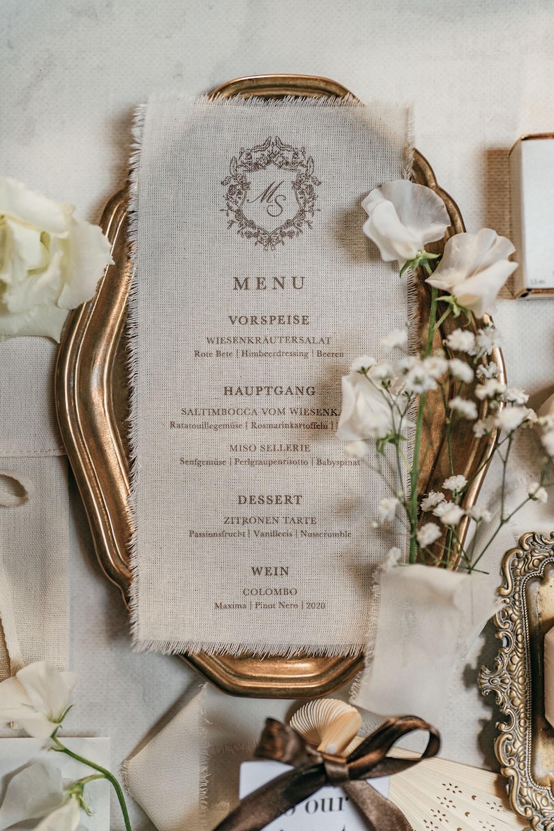 Linen Wedding Menu With Torn Edges, Handmade Fabric Menu Personalized ...