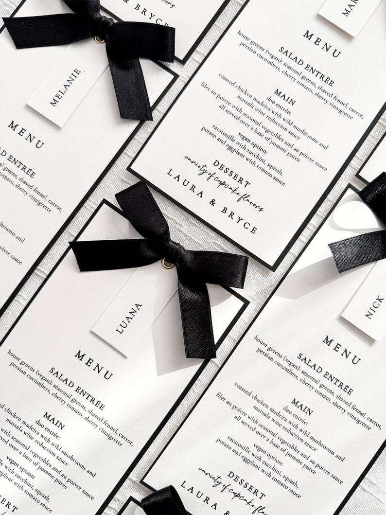 Personalized Wedding Menu With Black Satin Bow and Guest Name Tag - Etsy