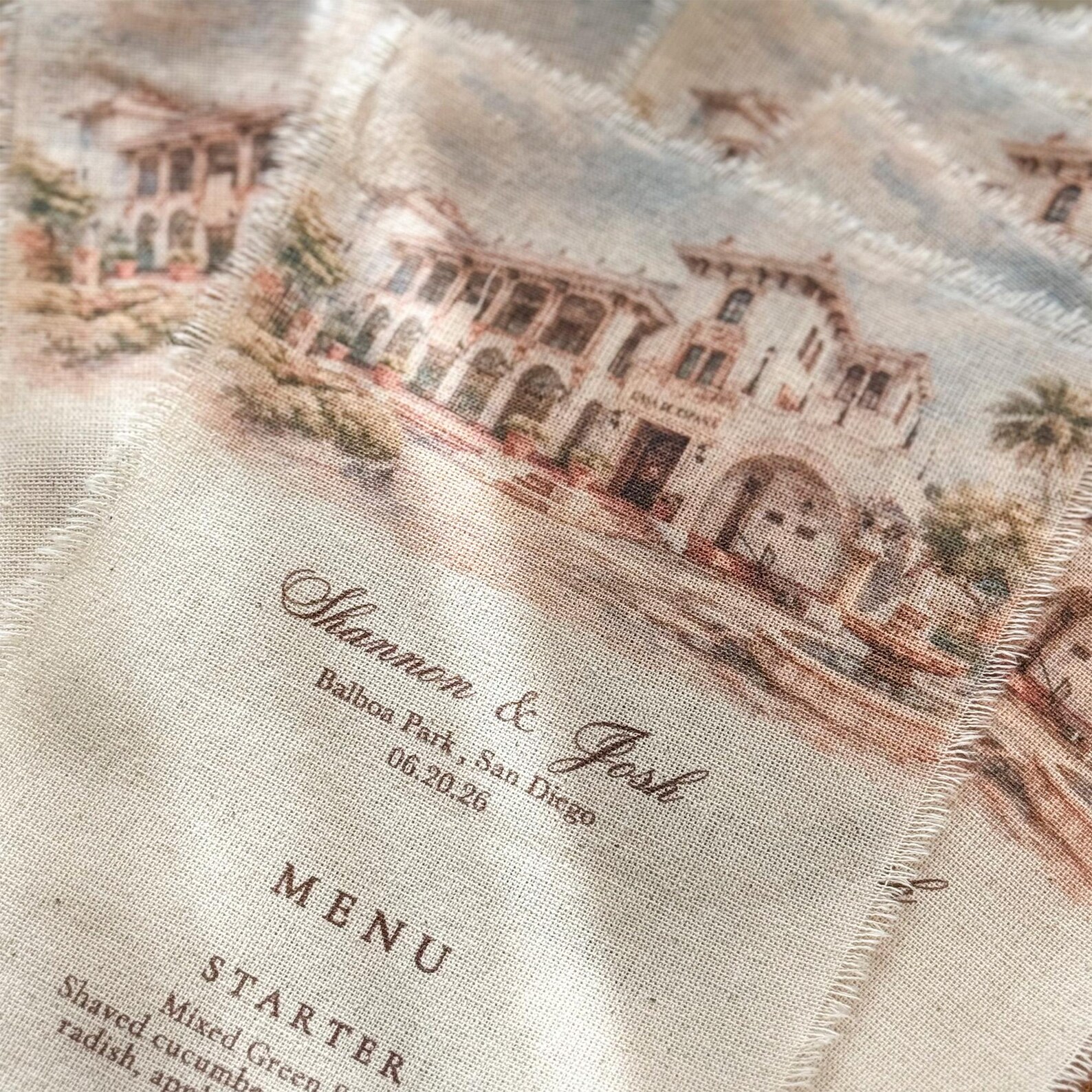 Linen Wedding Menu Card With Venue Illustration, Fabric Wedding Menu ...
