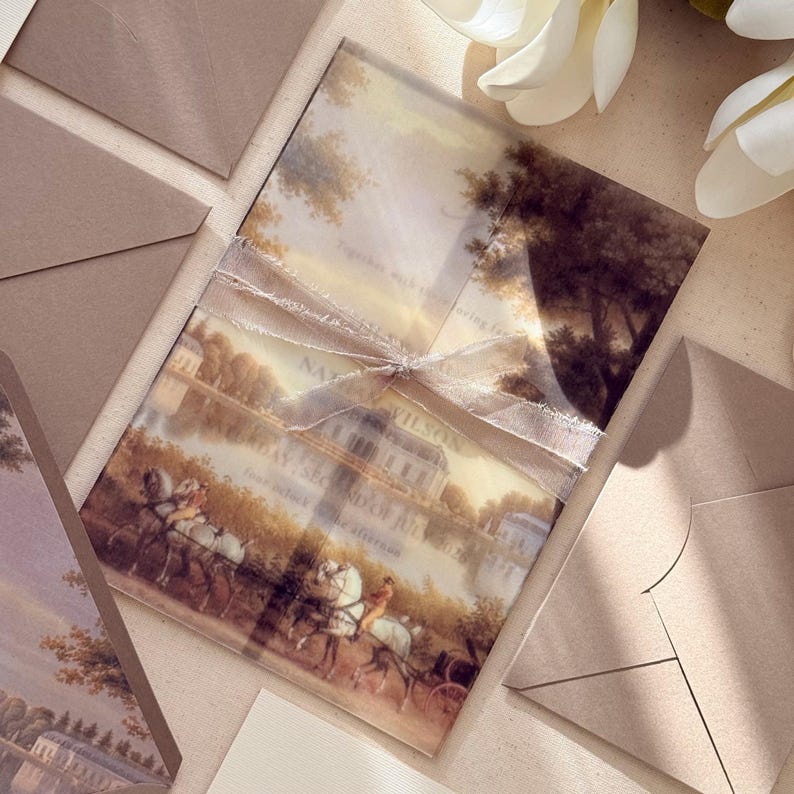 Luxury Wedding Invitation Suite With Vellum Wrap, Chiffon Ribbon & Wax ...