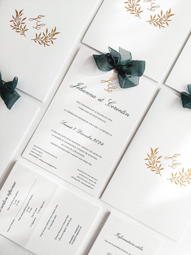 Luxury Wedding Invitations: Ivory Paper, Golden Print, Green Ribbon - Etsy