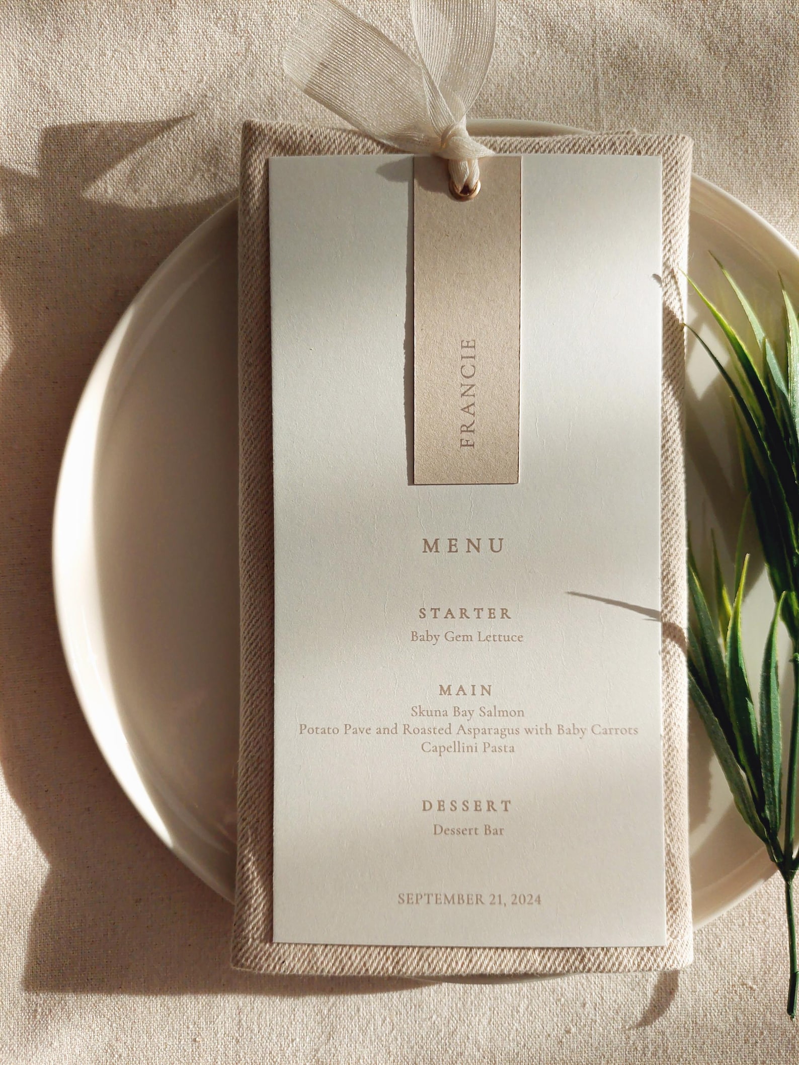 Linen Ribbon Wedding Menu Card, Personalized Dinner Menu, Neutral ...