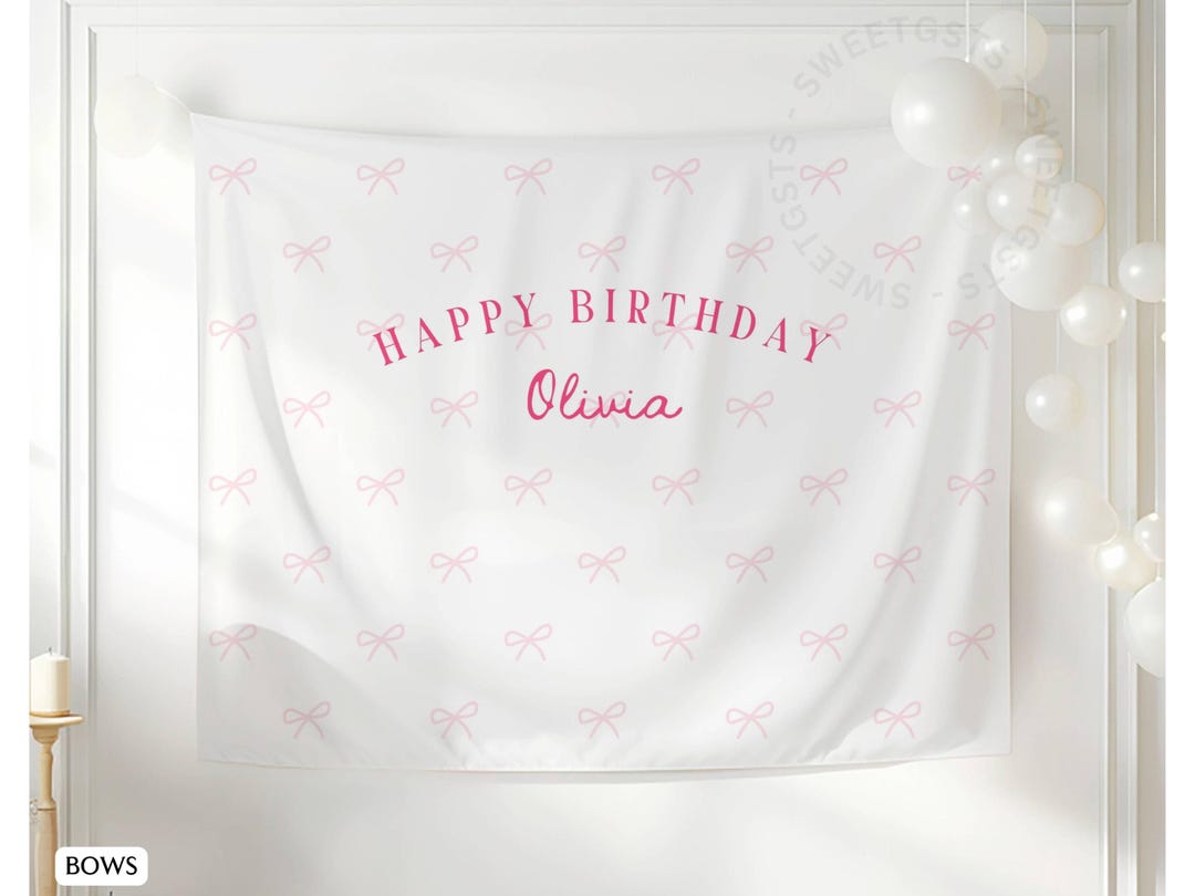 Pink Bow Birthday Banner, Custom Minimalist Birthday Party Sign, Cake ...