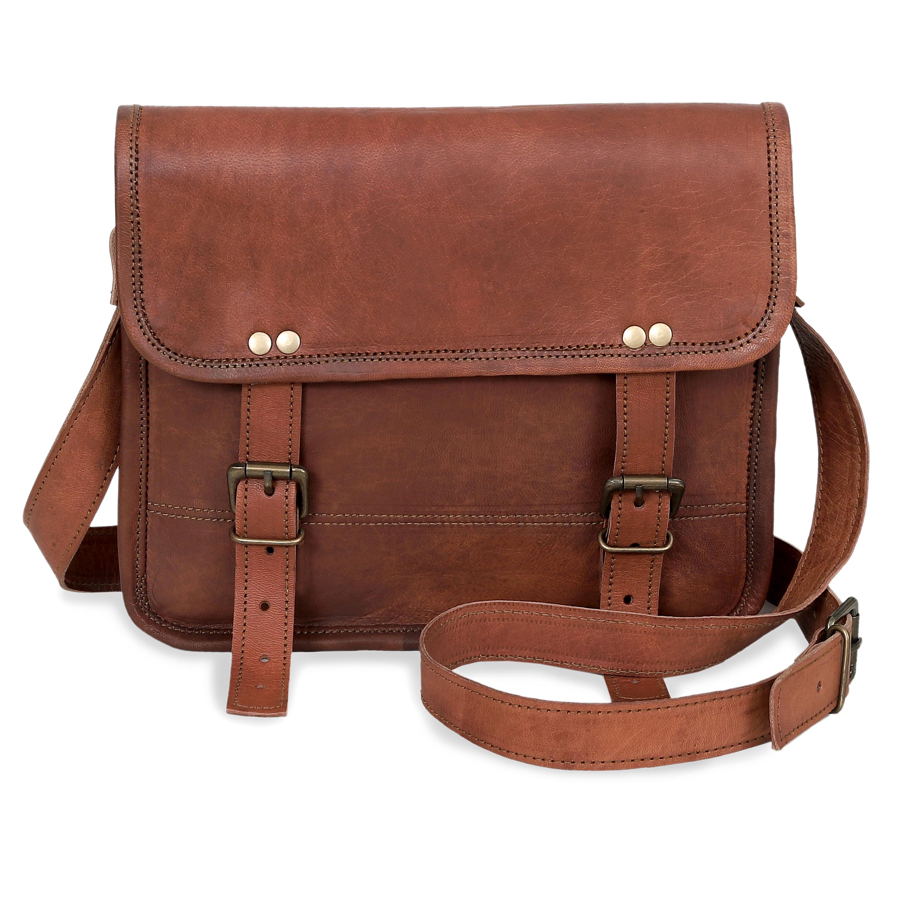 Goat Leather Messenger Bag: Personalized Tablet Satchel, Brown ...