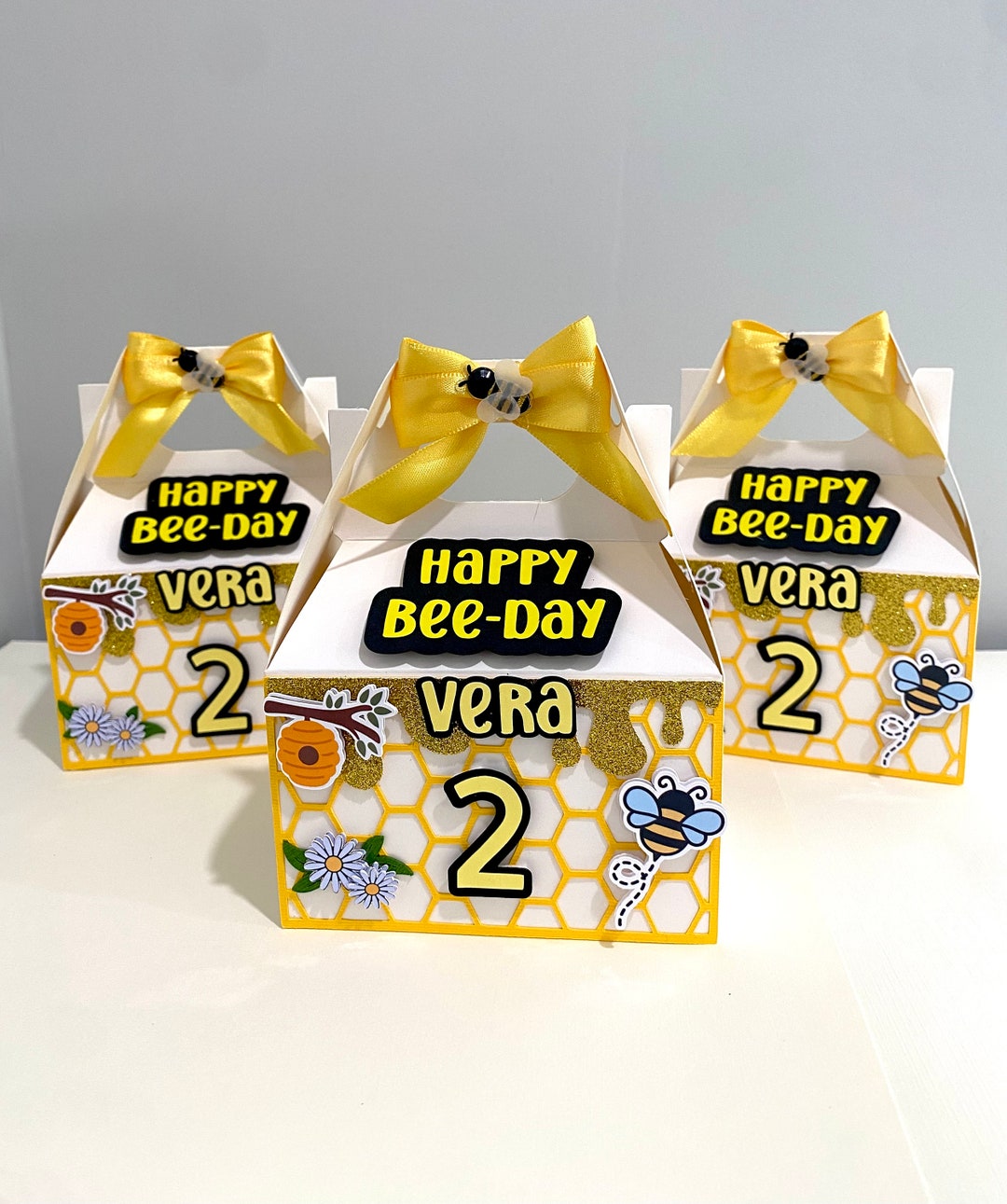 Bee Party Favor Boxes, Bee Mini Gable Boxes, Happy Beeday Party Theme ...