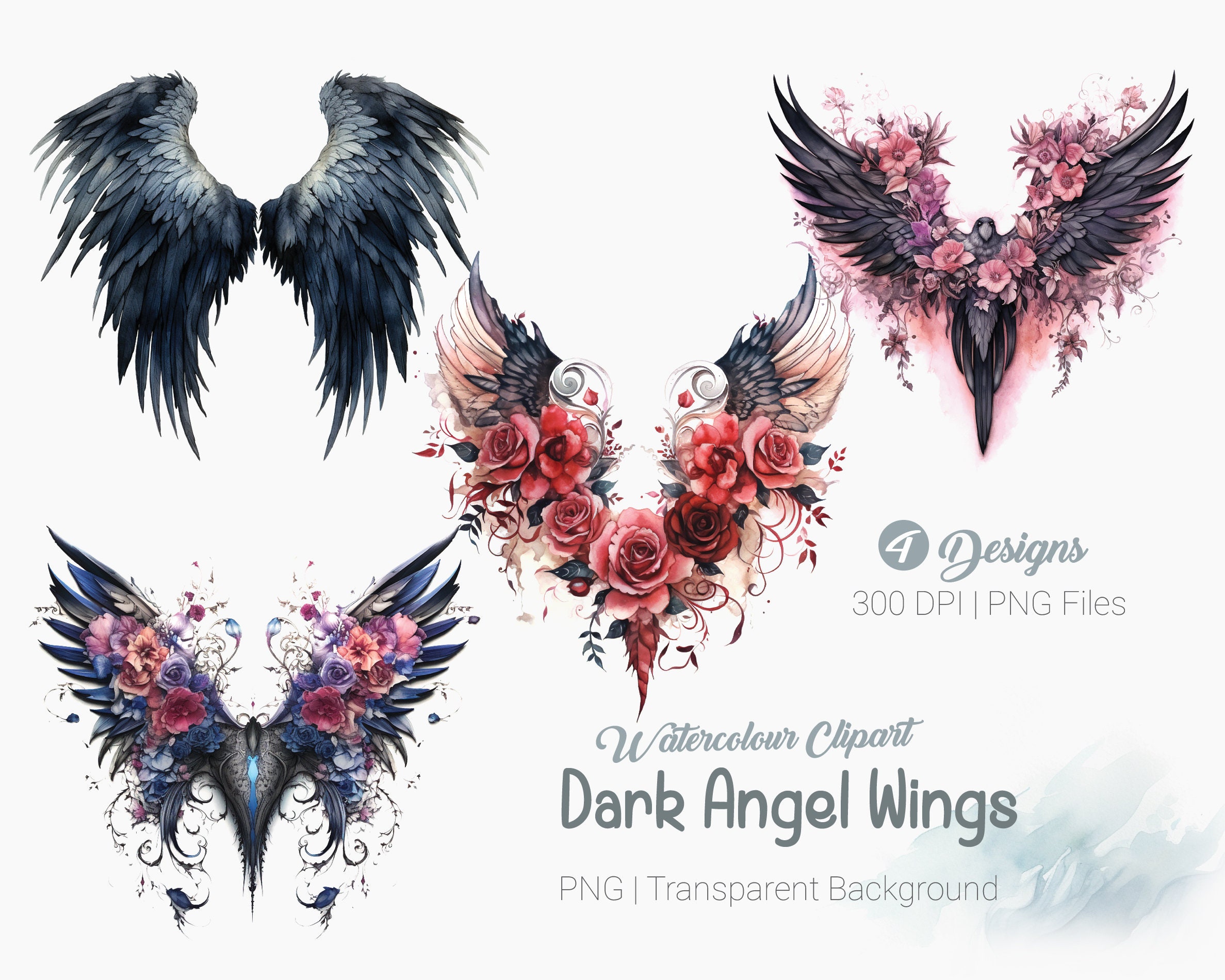 Dark Angel Wings Clipart Watercolor Wings Clip Art Floral - Etsy