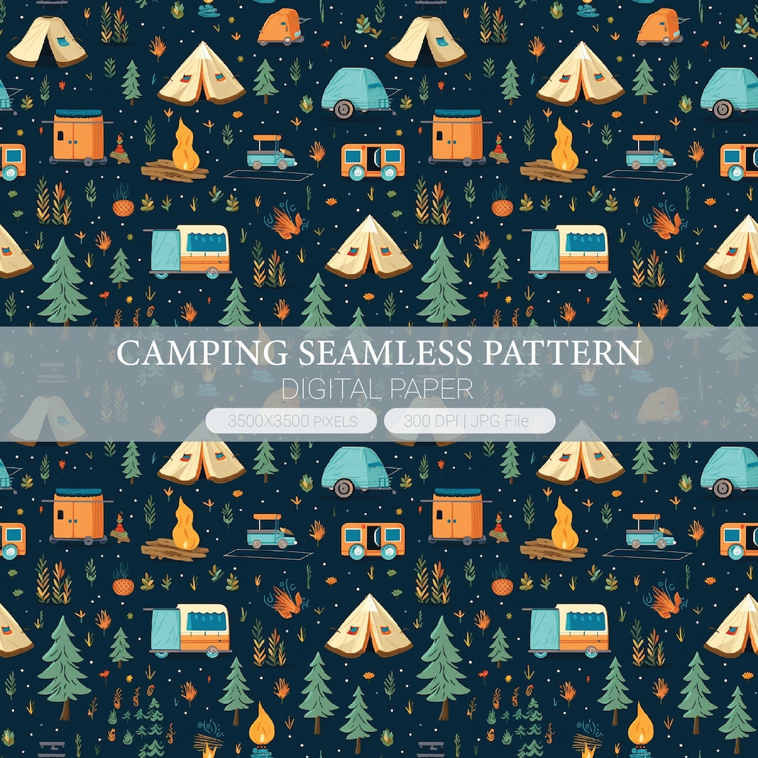 Camping Digital Paper, Camping Adventures Seamless Pattern, Backgrounds ...