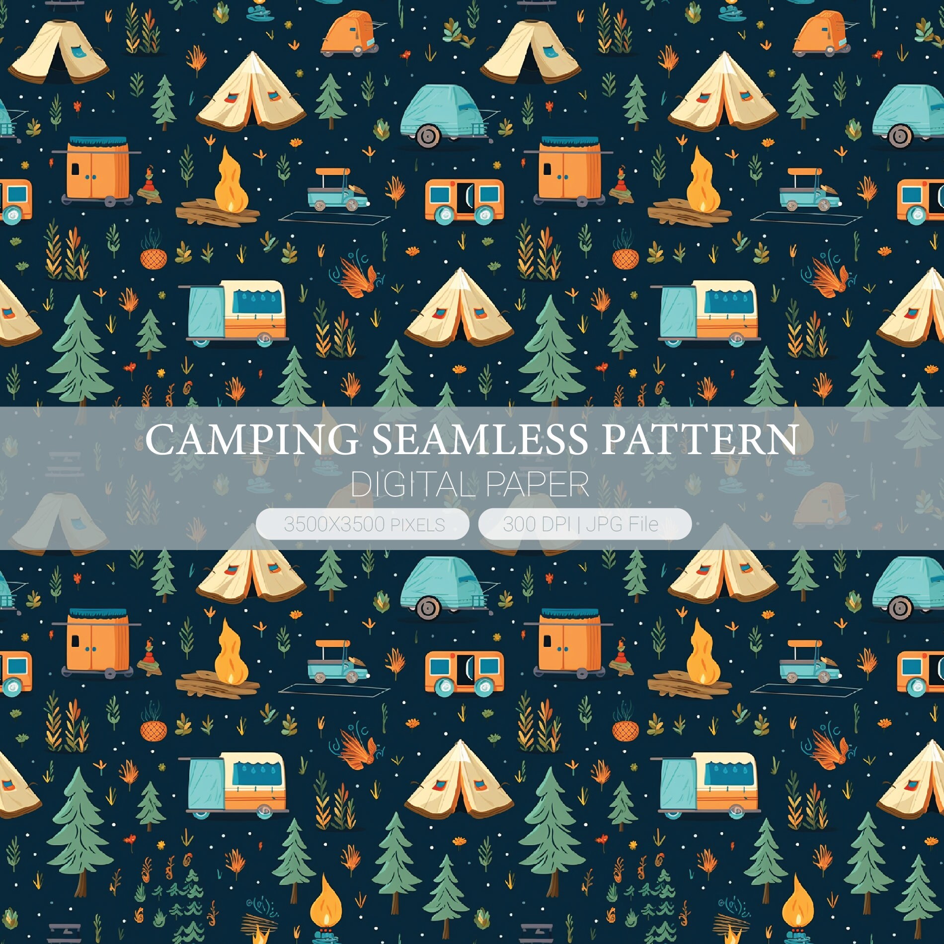 Camping Digital Paper, Camping Adventures Seamless Pattern, Backgrounds ...