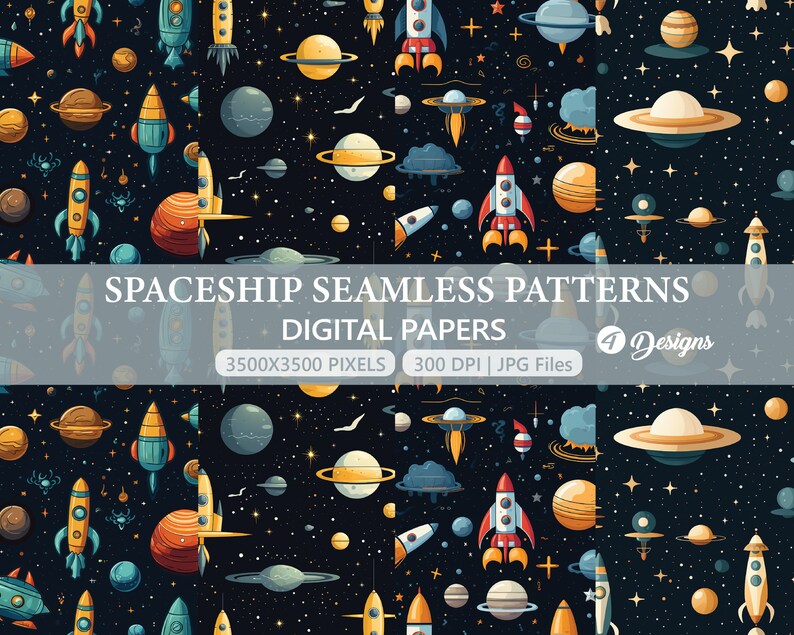 Spaceship Digital Paper, Space Rockets Pattern, Galaxy Backgrounds ...