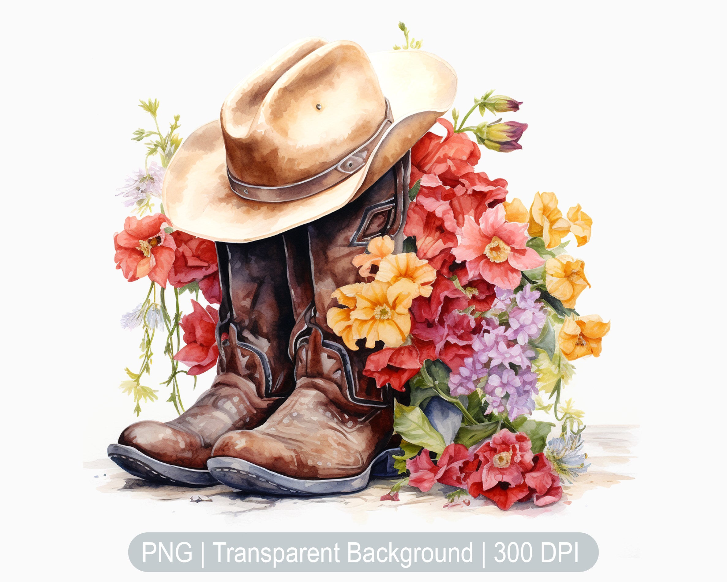 Floral Cowgirl Boots Clipart, Cowgirl Hat Clipart, Watercolor Cowboy ...