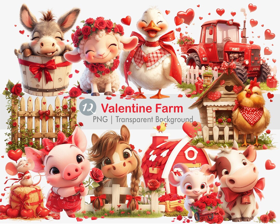 Valentines Farm Animals Clipart, Love Animals Png, Red Roses, Printable ...