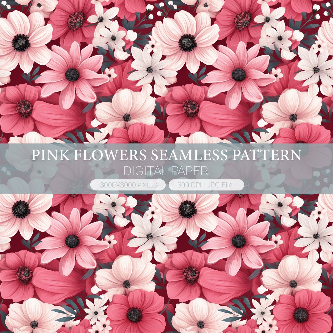 Pink Floral Digital Paper, Pink Flower Bouquets and Botanical Seamless ...