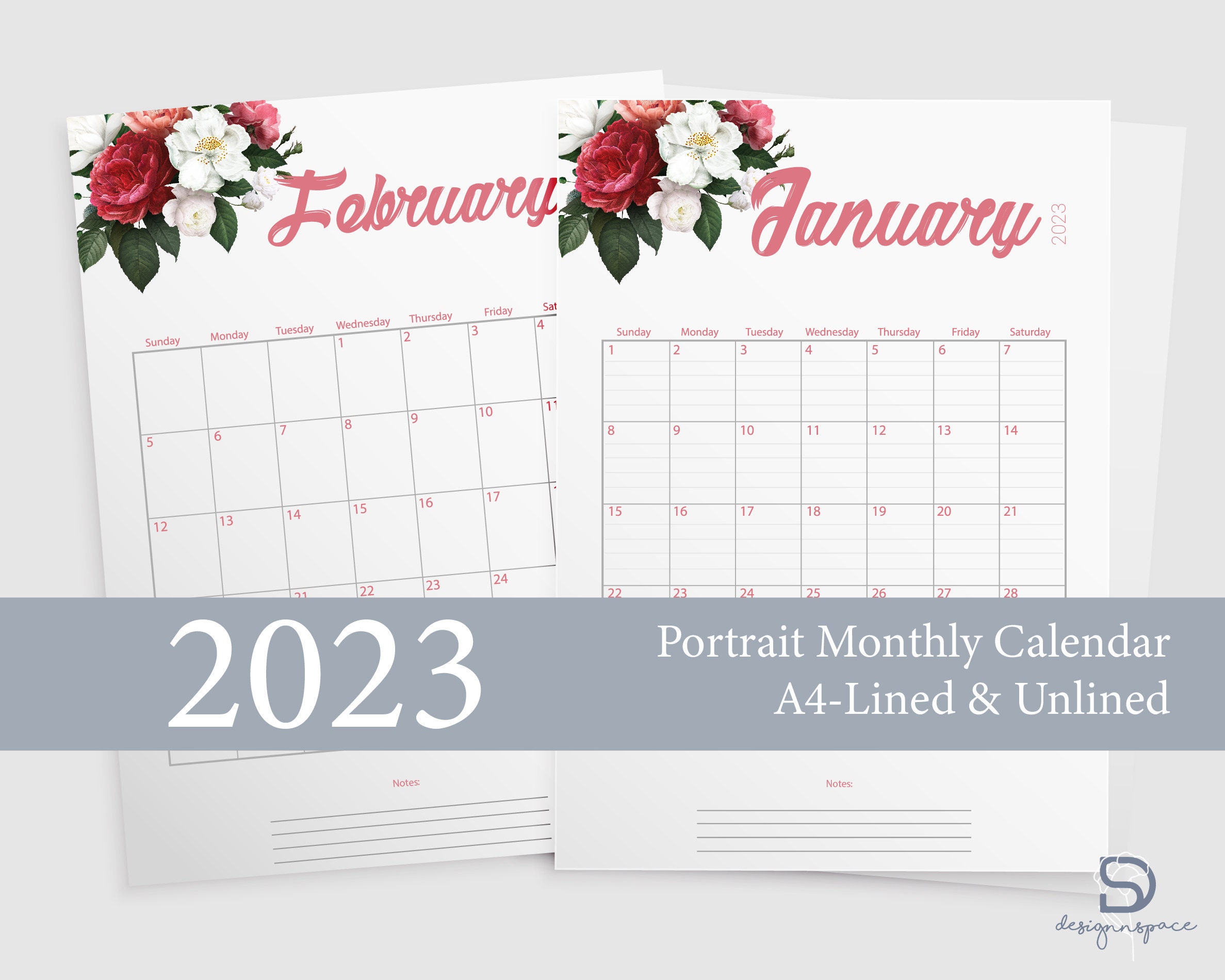 2023 Lined & Unlined Monthly Calendars Portrait A4 Size Jan - Etsy