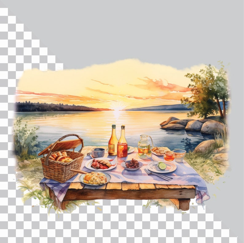 Sunset Picnic Clipart, Lake Picnic PNG, French Picnic, Lake Landscape ...