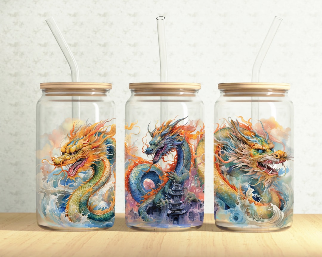 Chinese Dragons Glass Can Wrap, Fantasy Animals 16oz Glass Can, Fire ...