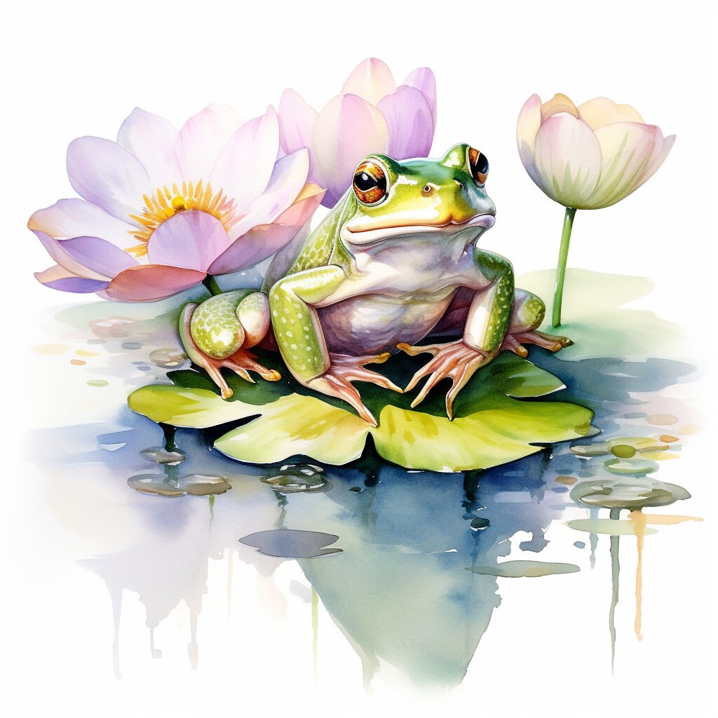 Watercolor Green Frogs Clipart, Cute Frog Floral Clip Art Png, Lily ...