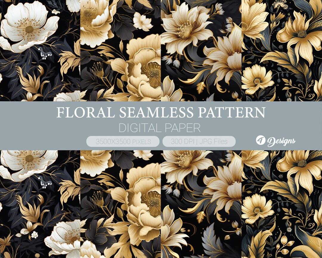 Black and Gold Floral Digital Paper, Seamless Pattern Rose Printable ...