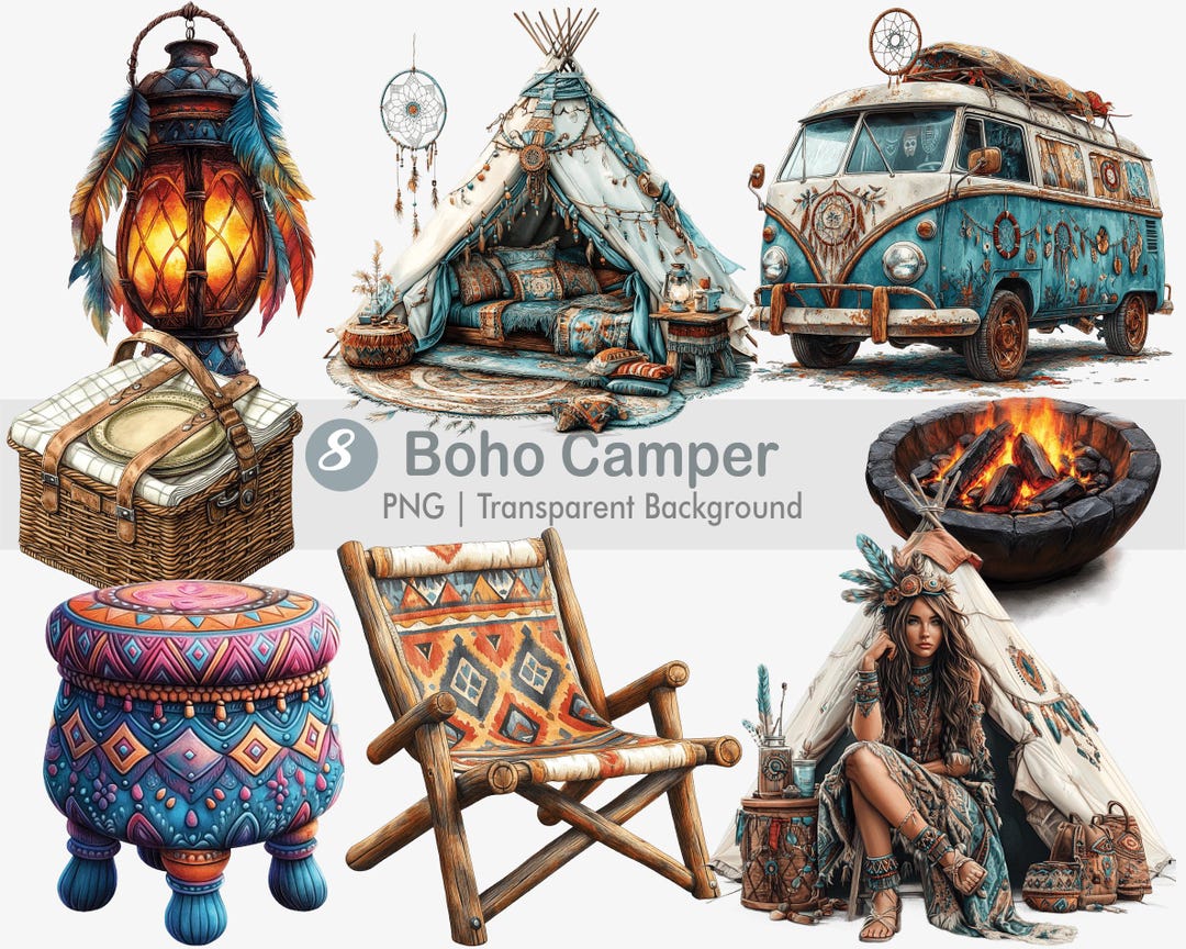 Boho Camper Clipart, Camper Van Png, Bohemian Png, Printable ...