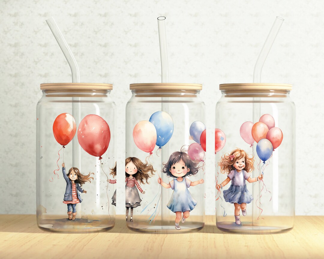 Girls With Balloons Glass Can Wrap, Little Girl Balloons 16oz Glass Can ...
