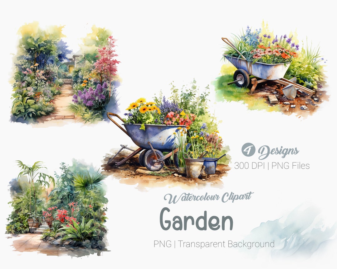 Watercolor Garden Clipart, Floral Wheelbarrows Clipart, Spring Garden ...