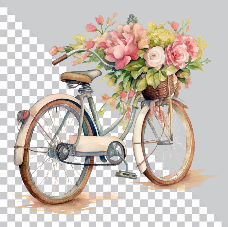 Floral Bicycle Clipart, Vintage Watercolor Bicycle, Spring Flowers ...