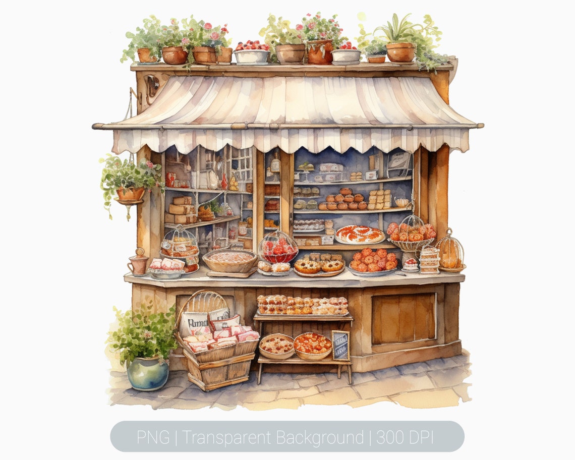 Bakery Shop Watercolor Clipart, French Bakery Clipart, Baker Png ...