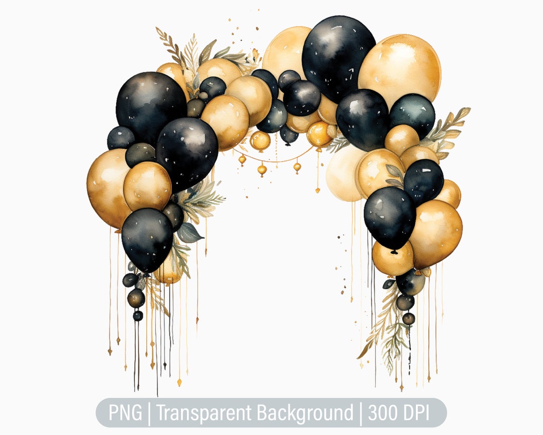 Balloon Arch Clipart, Black & Gold Balloons PNG, Balloons, Junk Journals, Scrapbooking ...