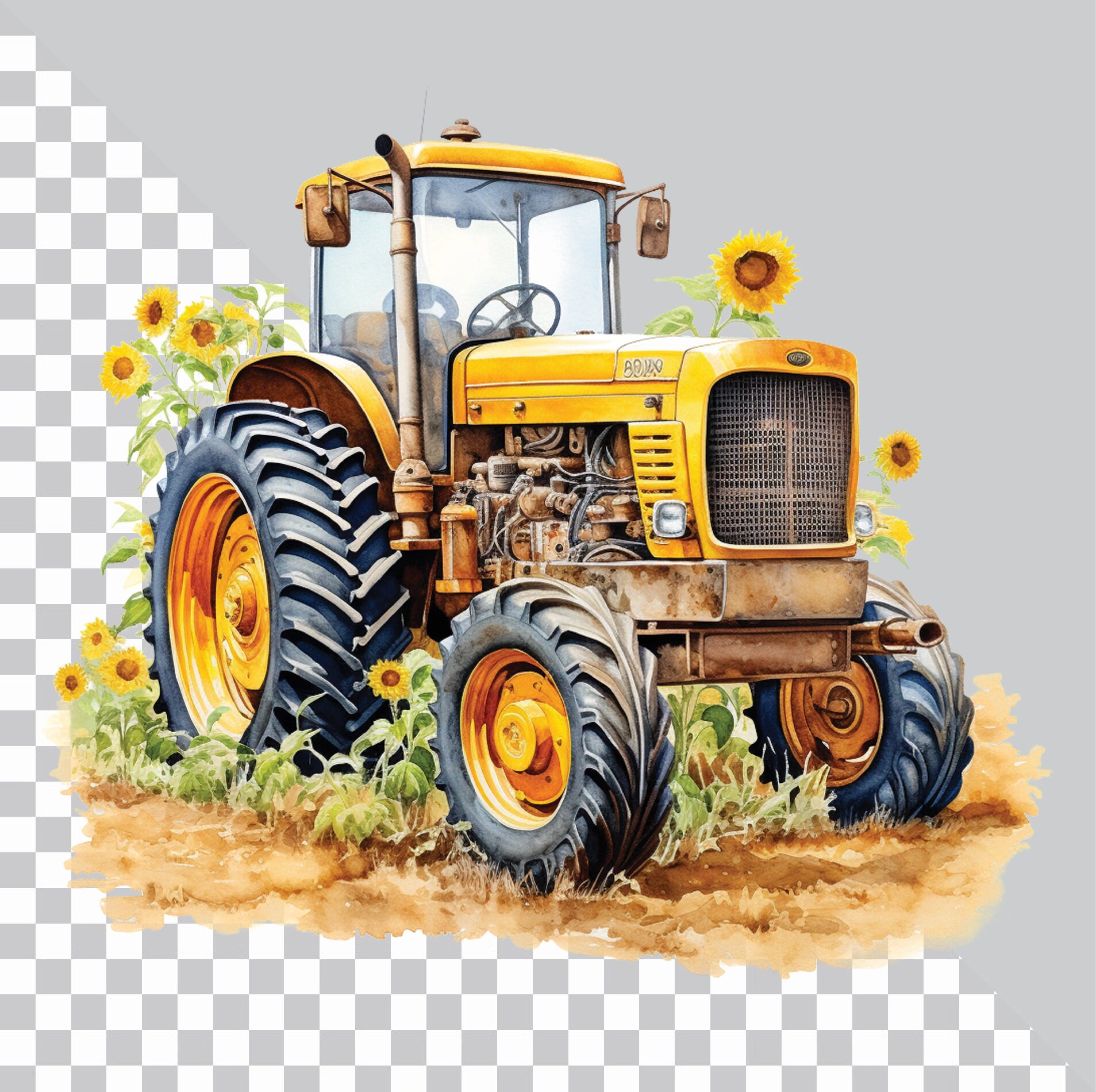 Watercolor Tractor Clipart Png, Sunflower Farm Tractor Png, Farm ...
