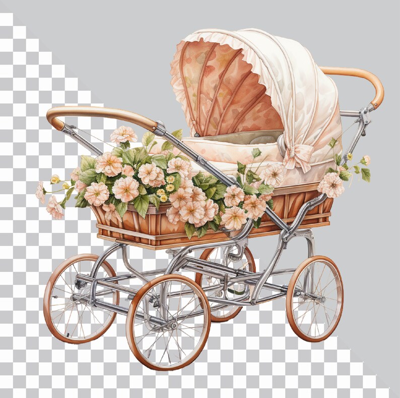 Baby Stroller Clipart, Vintage Baby Stroller Png, Floral Stroller, Junk ...