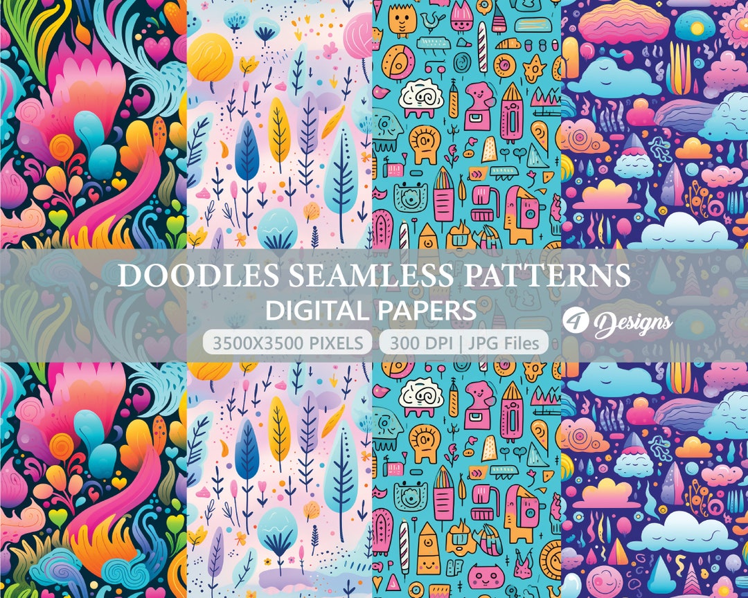 Colorful Doodles Digital Paper, Doodles Seamless Pattern, Scrapbook ...