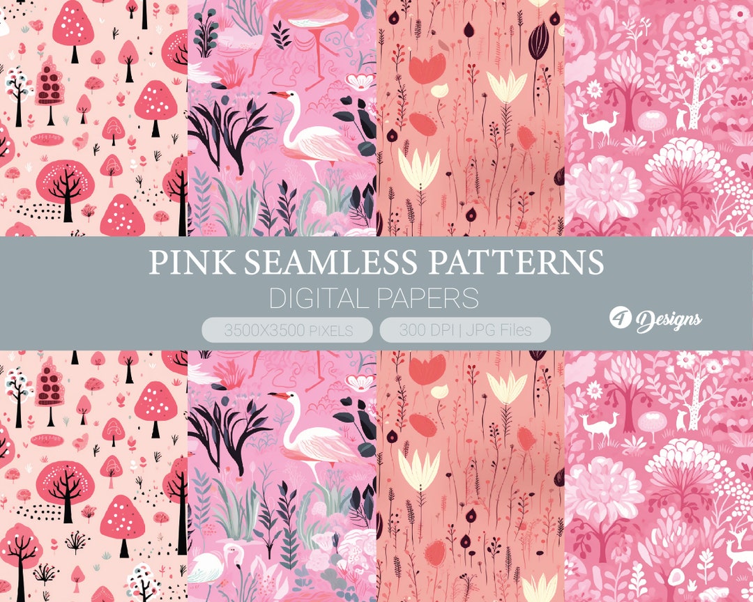 Pink Digital Paper, Pink Nursery Seamless Pattern, Pink Forest Flamingo ...