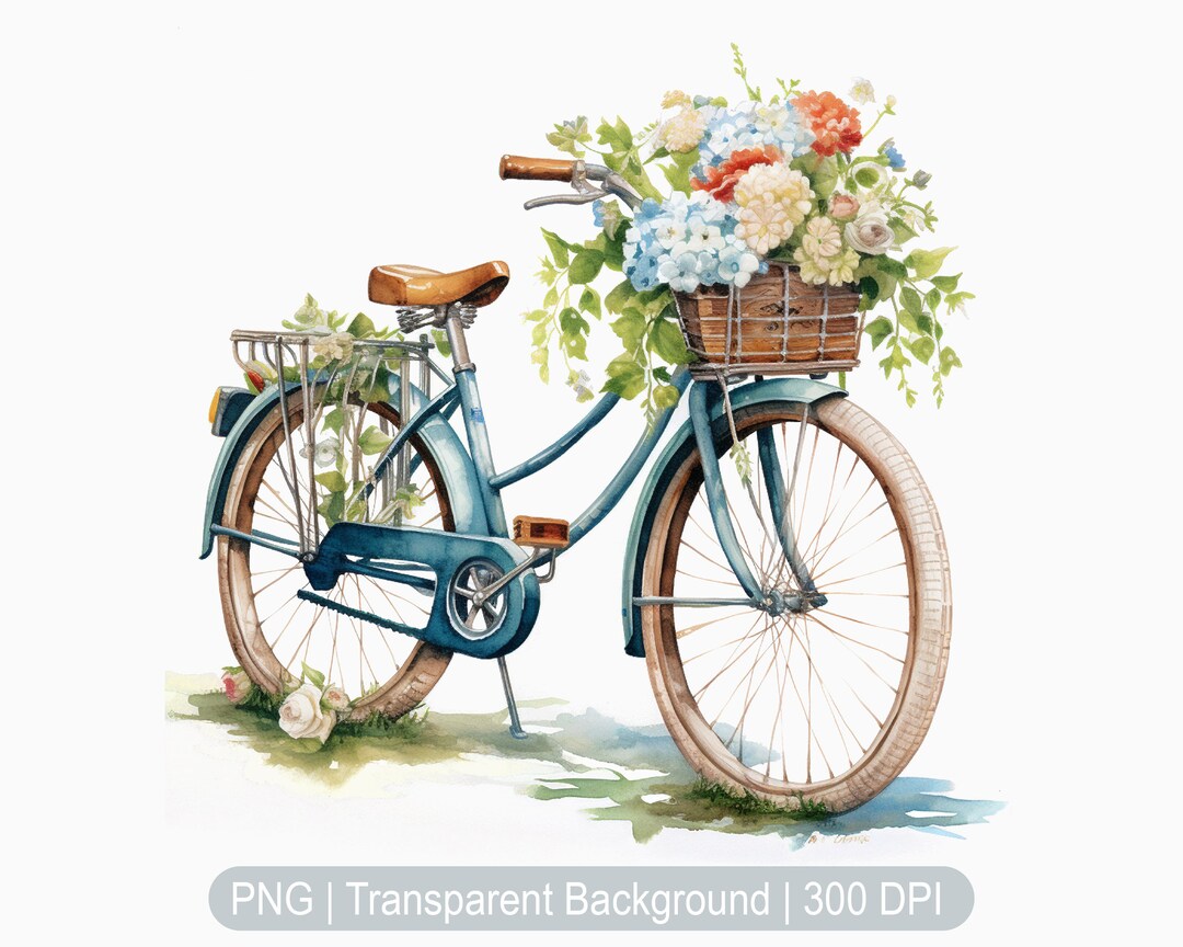 Floral Bicycle Clipart, Vintage Watercolor Bicycle, Spring Flowers ...
